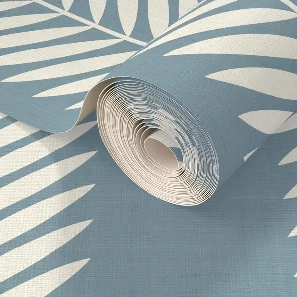 Spoonflower Laurel Leaf 7c98ab And White Dove 100% Natural Sisal Grasscloth Wallcovering - Blue,white