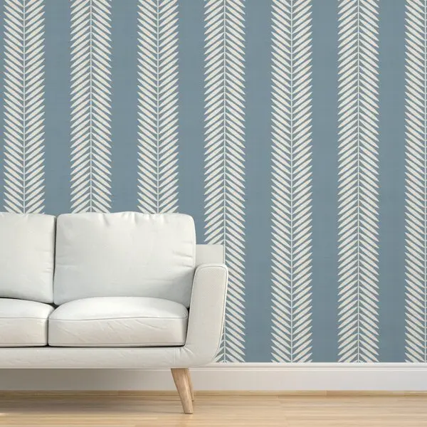 Spoonflower Laurel Leaf 7c98ab And White Dove 100% Natural Sisal Grasscloth Wallcovering - Blue,white