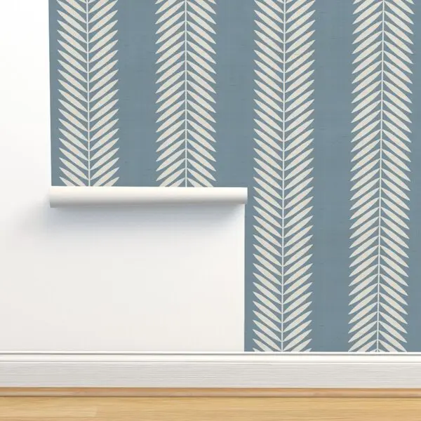 Spoonflower Laurel Leaf 7c98ab And White Dove 100% Natural Sisal Grasscloth Wallcovering - Blue,white