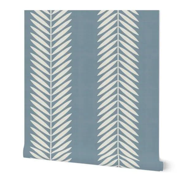 Spoonflower Laurel Leaf 7c98ab And White Dove 100% Natural Sisal Grasscloth Wallcovering - Blue,white