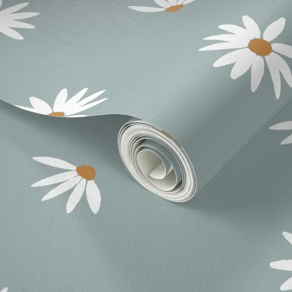 Spoonflower Dusty Floral Ditsy Coneflower White Flowers Custom Pre-pasted Wallpaper - Blue