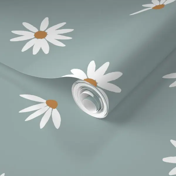 Spoonflower Dusty Floral Ditsy Coneflower White Flowers Custom Pre-pasted Wallpaper - Blue