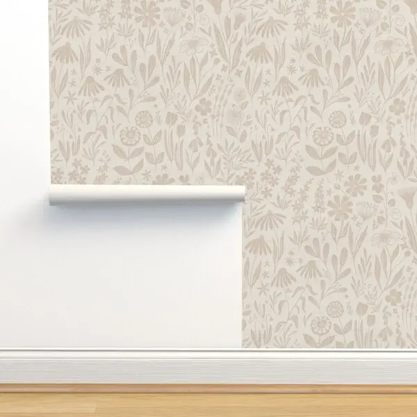 Spoonflower Tan And Cream Wildflowers 100% Natural Sisal Grasscloth Wallcovering - Tan,beige,gray
