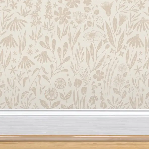Spoonflower Tan And Cream Wildflowers 100% Natural Sisal Grasscloth Wallcovering - Tan,beige,gray