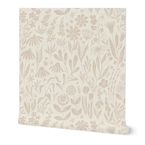 Spoonflower Tan And Cream Wildflowers 100% Natural Sisal Grasscloth Wallcovering - Tan,beige,gray
