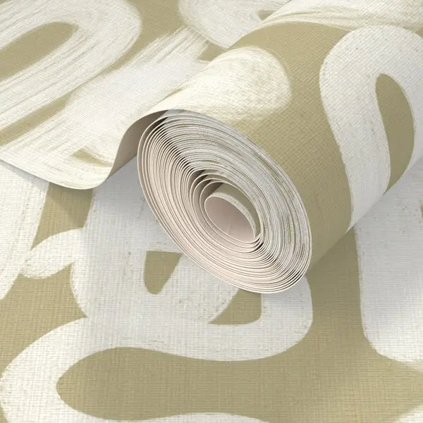 Spoonflower Squiggle White On Tan 100% Natural Sisal Grasscloth Wallcovering - White,green,beige