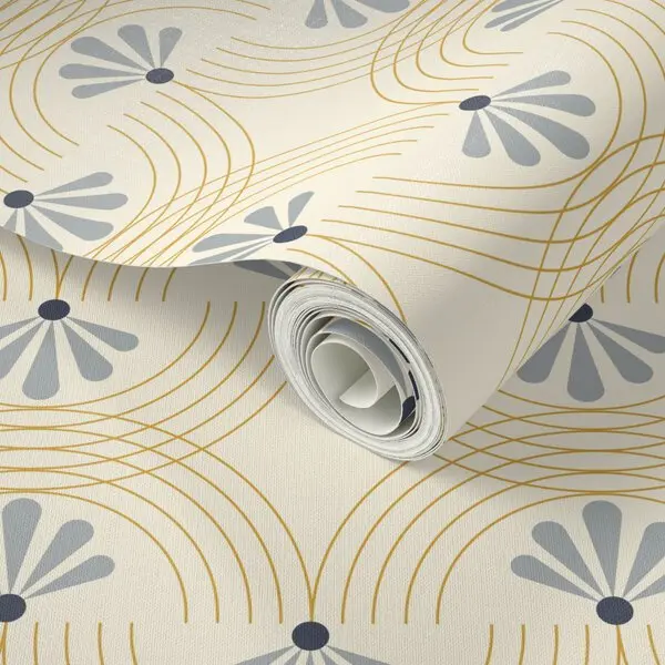 Spoonflower Retro Floral Yellow Swirls Gray Deco Flowers Custom Pre-pasted Wallpaper - Blue