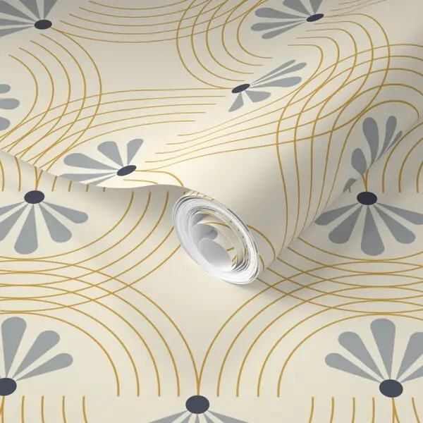 Spoonflower Retro Floral Yellow Swirls Gray Deco Flowers Custom Pre-pasted Wallpaper - Blue