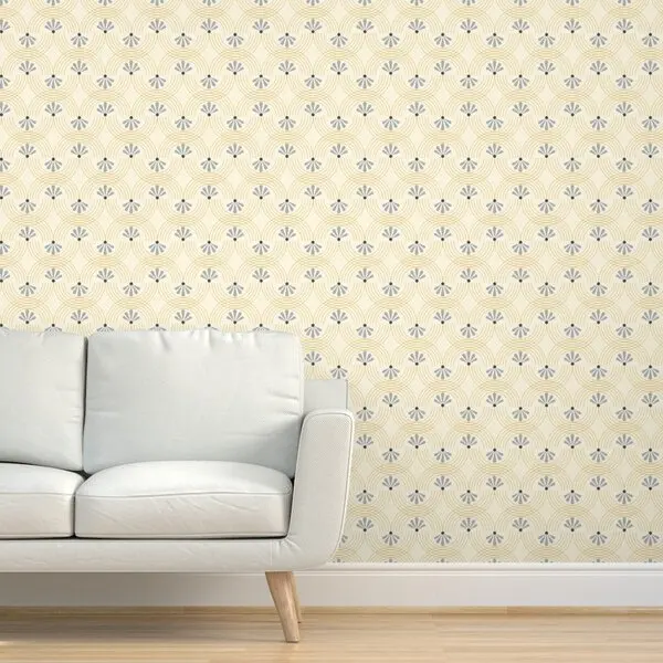Spoonflower Retro Floral Yellow Swirls Gray Deco Flowers Custom Pre-pasted Wallpaper - Blue