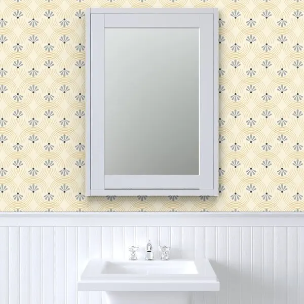 Spoonflower Retro Floral Yellow Swirls Gray Deco Flowers Custom Pre-pasted Wallpaper - Blue