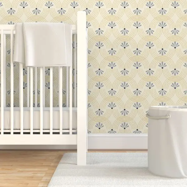 Spoonflower Retro Floral Yellow Swirls Gray Deco Flowers Custom Pre-pasted Wallpaper - Blue