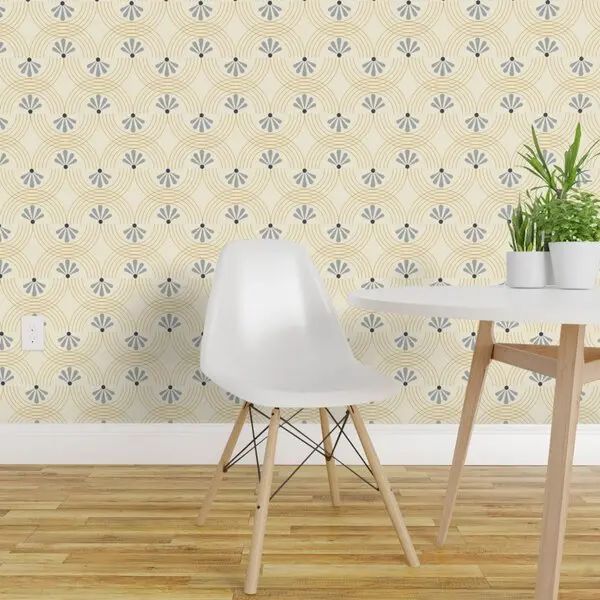 Spoonflower Retro Floral Yellow Swirls Gray Deco Flowers Custom Pre-pasted Wallpaper - Blue