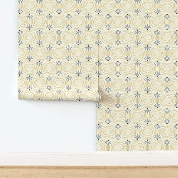 Spoonflower Retro Floral Yellow Swirls Gray Deco Flowers Custom Pre-pasted Wallpaper - Blue