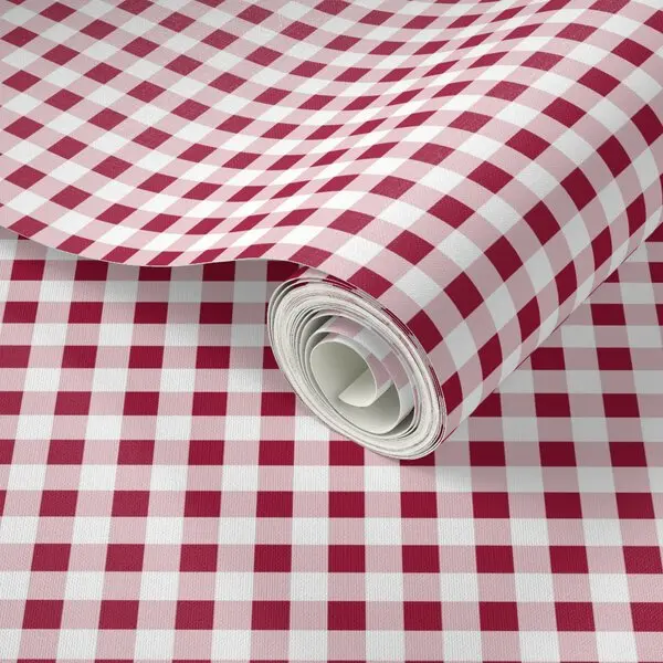 Spoonflower Geometric Gingham Picnic Diner Checkered Custom Pre-pasted Wallpaper - Red