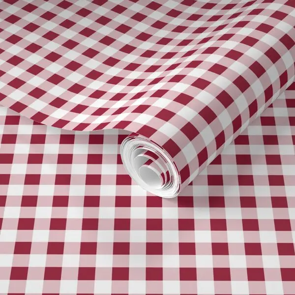 Spoonflower Geometric Gingham Picnic Diner Checkered Custom Pre-pasted Wallpaper - Red