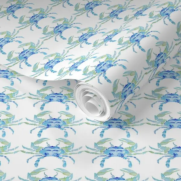 Spoonflower Watercolor Crab Small Abstract Coastal Beach Custom Pre-pasted Wallpaper - Blue