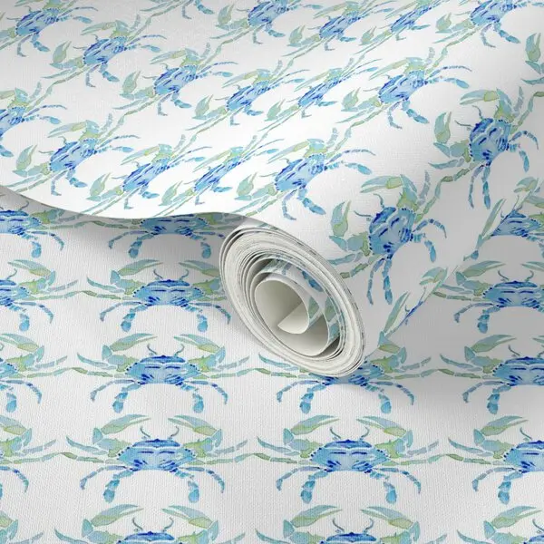 Spoonflower Watercolor Crab Small Abstract Coastal Beach Custom Pre-pasted Wallpaper - Blue