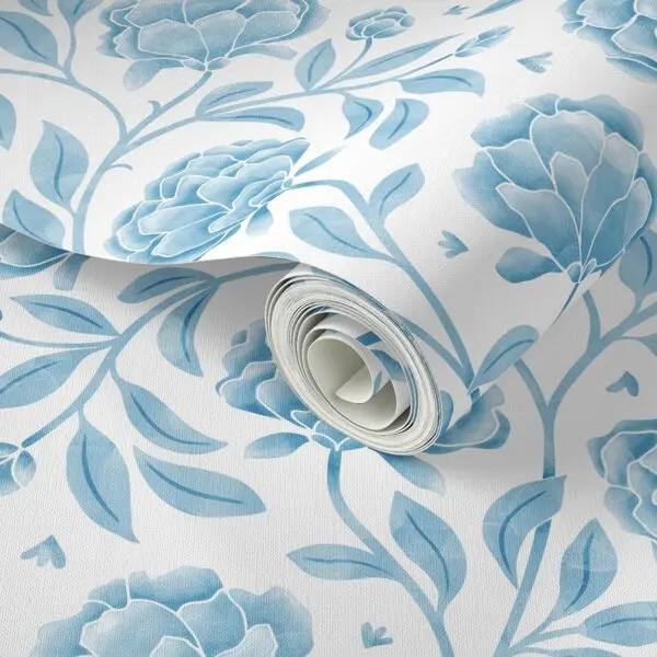 Spoonflower Romantic Floral X Sky Blue Trailing Soft Custom Pre-pasted Wallpaper - White