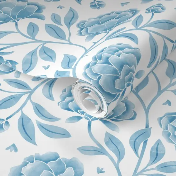 Spoonflower Romantic Floral X Sky Blue Trailing Soft Custom Pre-pasted Wallpaper - White