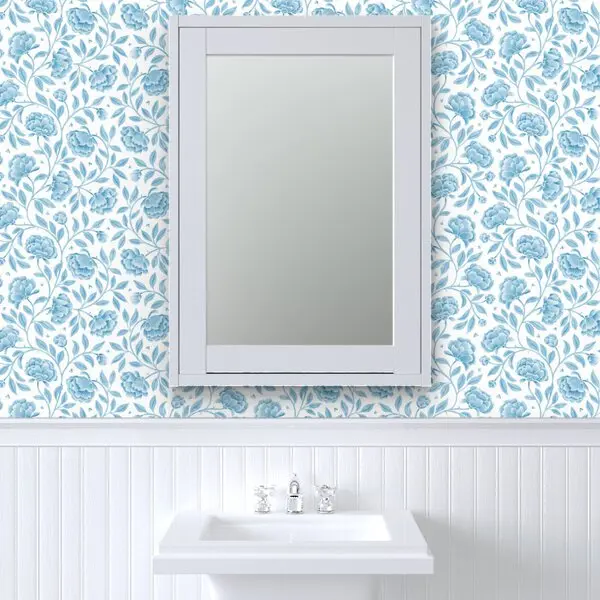 Spoonflower Romantic Floral X Sky Blue Trailing Soft Custom Pre-pasted Wallpaper