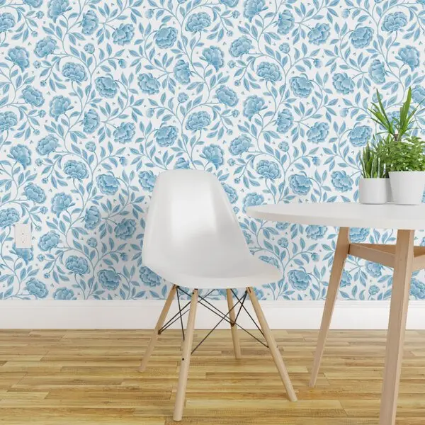 Spoonflower Romantic Floral X Sky Blue Trailing Soft Custom Pre-pasted Wallpaper