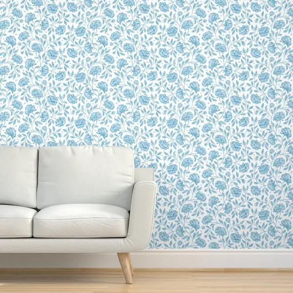 Spoonflower Romantic Floral X Sky Blue Trailing Soft Custom Pre-pasted Wallpaper