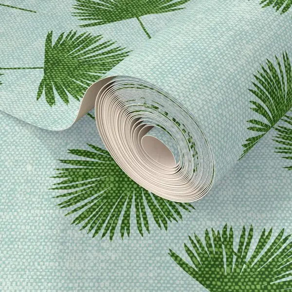Spoonflower Fan Palm Green On Blue Leaves Lad19 100% Natural Sisal Grasscloth Wallcovering - Teal,green,blue