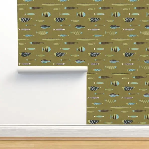 Spoonflower Fish Green Aqua 100% Natural Sisal Grasscloth Wallcovering