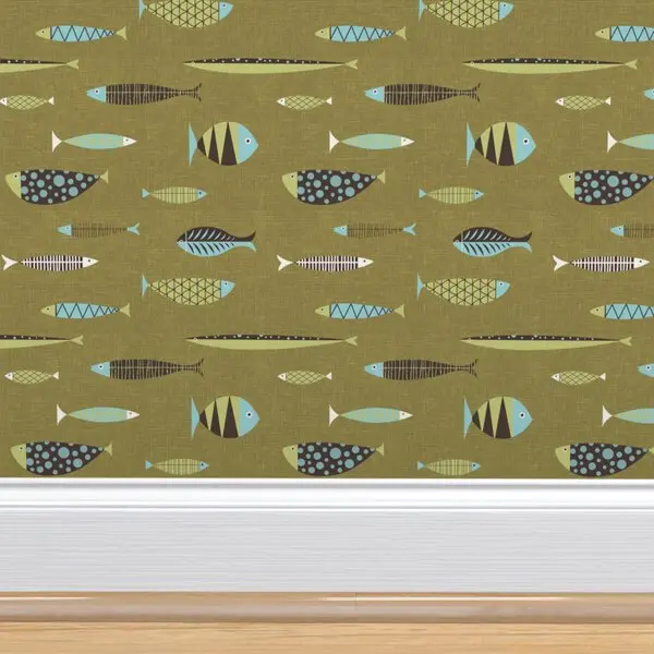Spoonflower Fish Green Aqua 100% Natural Sisal Grasscloth Wallcovering