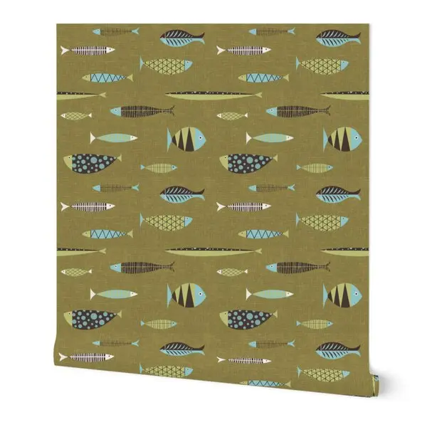 Spoonflower Fish Green Aqua 100% Natural Sisal Grasscloth Wallcovering