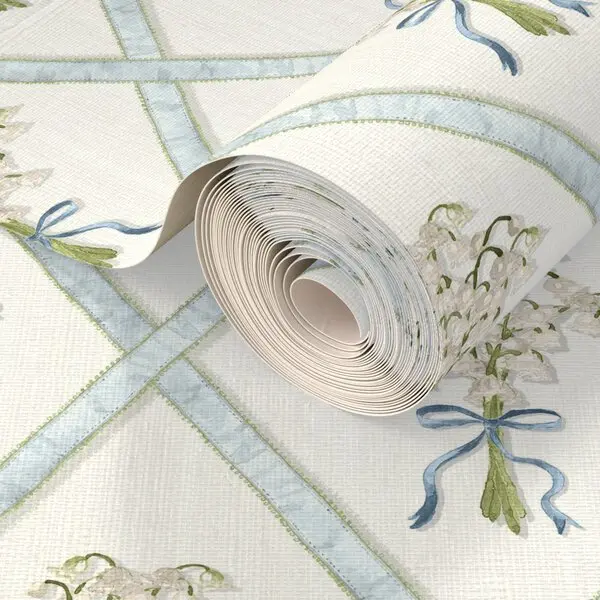 Spoonflower Lily In Blue Green And White 100% Natural Sisal Grasscloth Wallcovering - Green,sage,blue