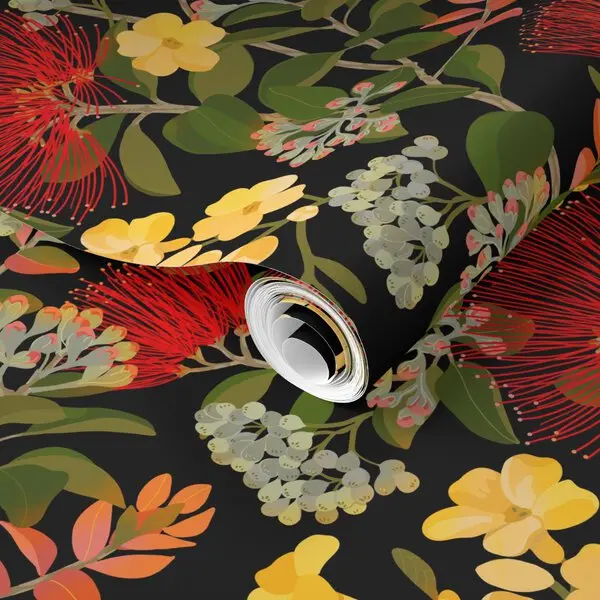 Spoonflower Floral Botanical Jungle Tropical Hawaiian Custom Removable Wallpaper - Black