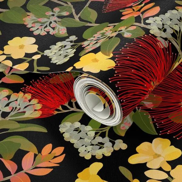 Spoonflower Floral Botanical Jungle Tropical Hawaiian Custom Pre-pasted Wallpaper - Black
