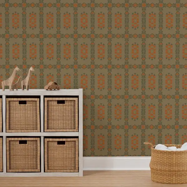 Spoonflower Vintage Art Nouveau Poppies Edwardian Custom Pre-pasted Wallpaper - Brown