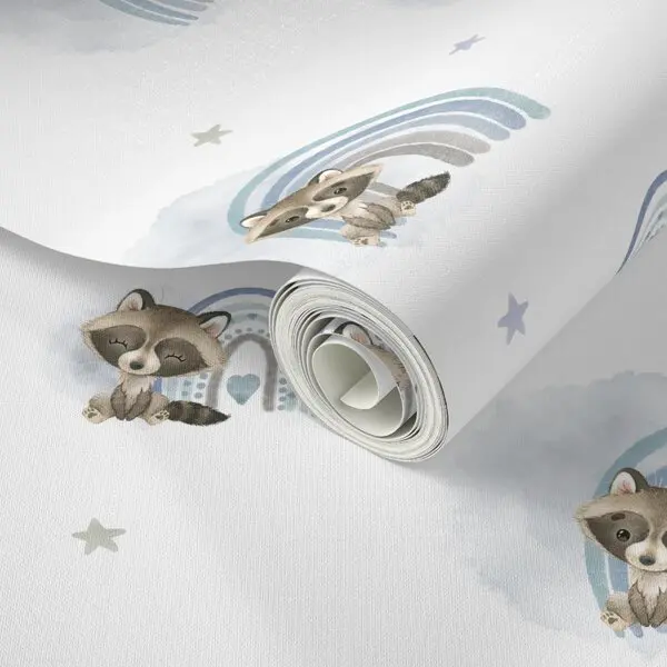 Spoonflower Woodland Nursery Cute Raccoons Watercolor Custom Pre-pasted Wallpaper - Blue