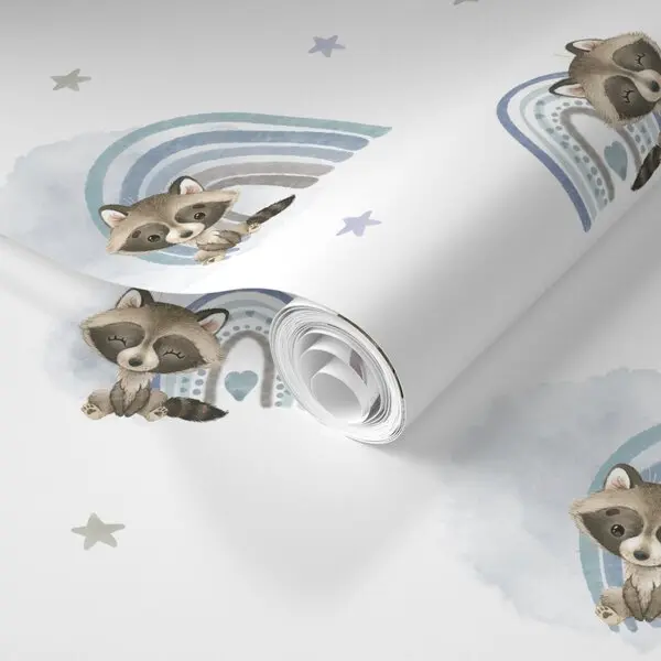Spoonflower Woodland Nursery Cute Raccoons Watercolor Custom Pre-pasted Wallpaper - Blue