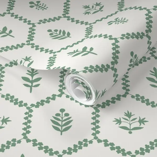Spoonflower Farmhouse Chic Botanical Clover Leaves Vine Custom Pre-pasted Wallpaper - Green