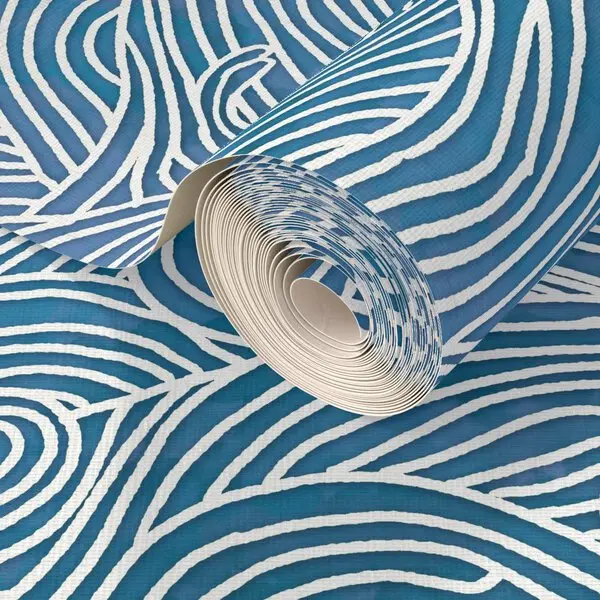 Spoonflower Tumbling Ocean Waves Medium 100% Natural Sisal Grasscloth Wallcovering - Blue