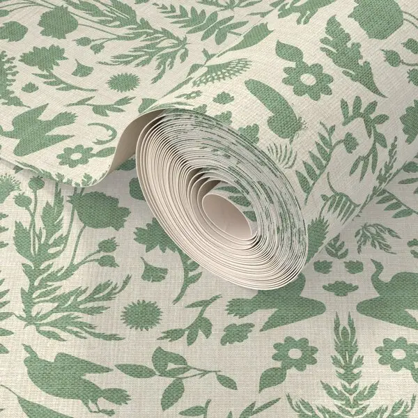 Spoonflower Bird Flower Butterfly Floral Animal Mint Rabbit 100% Natural Sisal Grasscloth Wallcovering - Mint,green