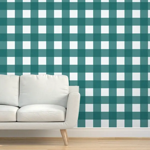 Spoonflower Buffalo Check Plaid Rustic Gingham Cabin Custom Pre-pasted Wallpaper - Teal