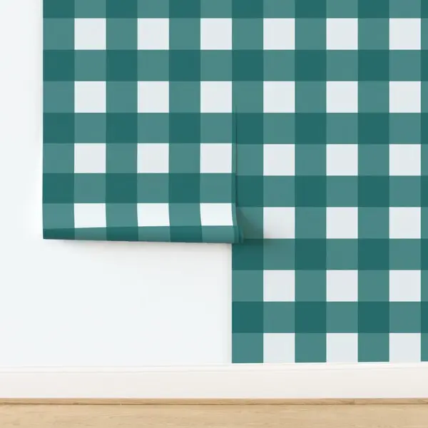 Spoonflower Buffalo Check Plaid Rustic Gingham Cabin Custom Pre-pasted Wallpaper - Teal