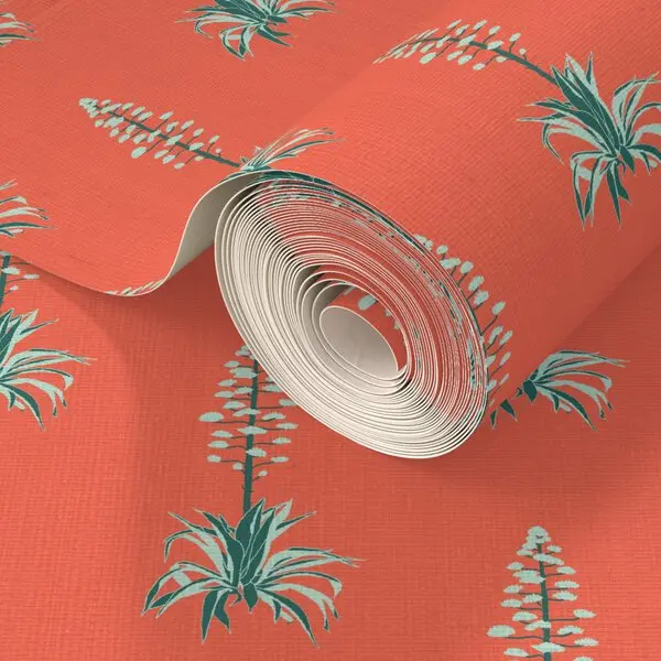 Spoonflower Majestic Century Retro Agave Cactus Pattern In 100% Natural Sisal Grasscloth Wallcovering - Coral,green,mint