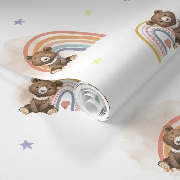 Spoonflower Woodland Nursery Cute Bears Watercolor Custom Pre-pasted Wallpaper - Rainbow