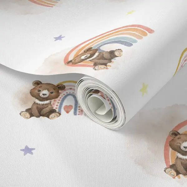 Spoonflower Woodland Nursery Cute Bears Watercolor Custom Pre-pasted Wallpaper - Rainbow