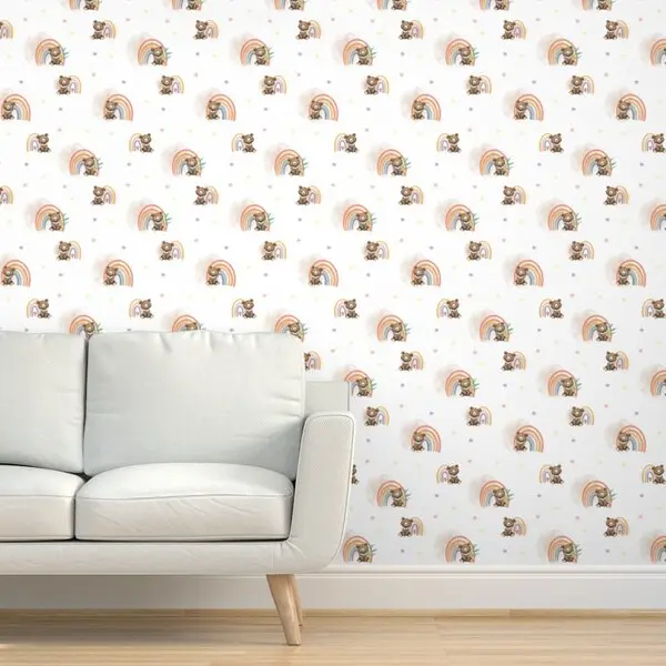 Spoonflower Woodland Nursery Cute Bears Watercolor Custom Pre-pasted Wallpaper - Rainbow