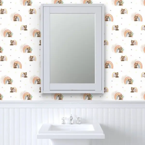 Spoonflower Woodland Nursery Cute Bears Watercolor Custom Pre-pasted Wallpaper - Rainbow