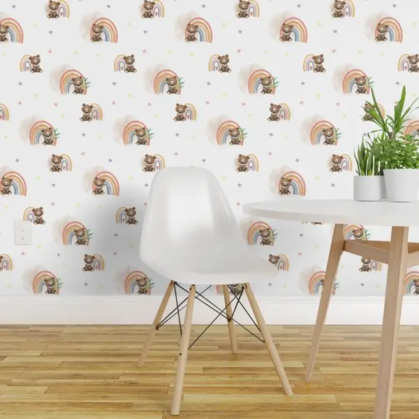 Spoonflower Woodland Nursery Cute Bears Watercolor Custom Pre-pasted Wallpaper - Rainbow