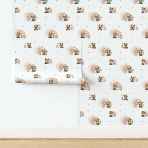 Spoonflower Woodland Nursery Cute Bears Watercolor Custom Pre-pasted Wallpaper - Rainbow