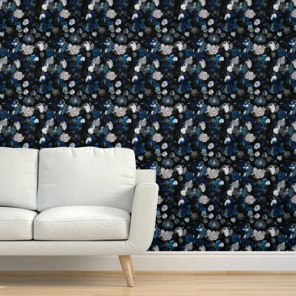 Spoonflower Floral Dark Modern Painted Flowers Blue Moody Custom Pre-pasted Wallpaper - Blue,navy