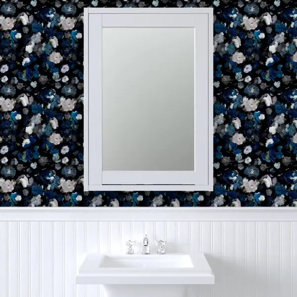 Spoonflower Floral Dark Modern Painted Flowers Blue Moody Custom Pre-pasted Wallpaper - Blue,navy